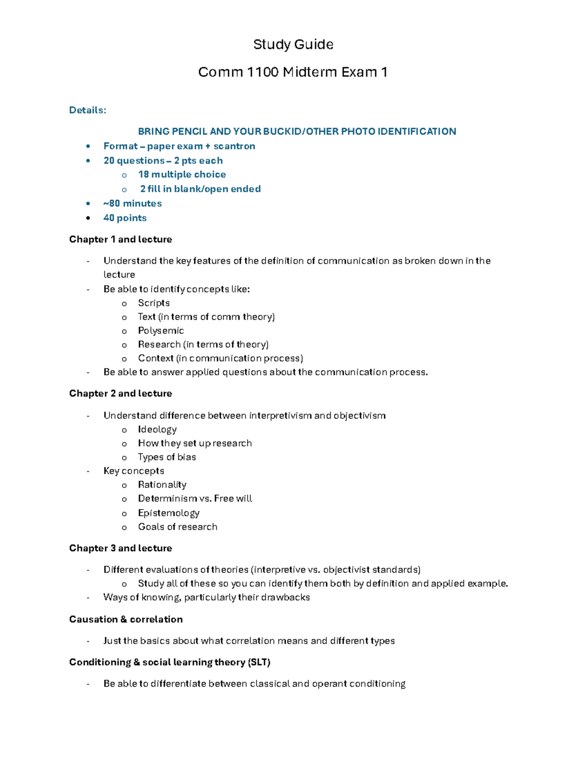 Comm 1100 Midterm Exam 1 Study Guide: Key Concepts & Theories - Studocu