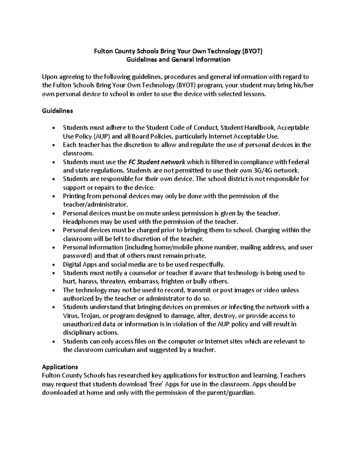 Fulton County Schools BYOT Program: Guidelines & Student Pledge ...