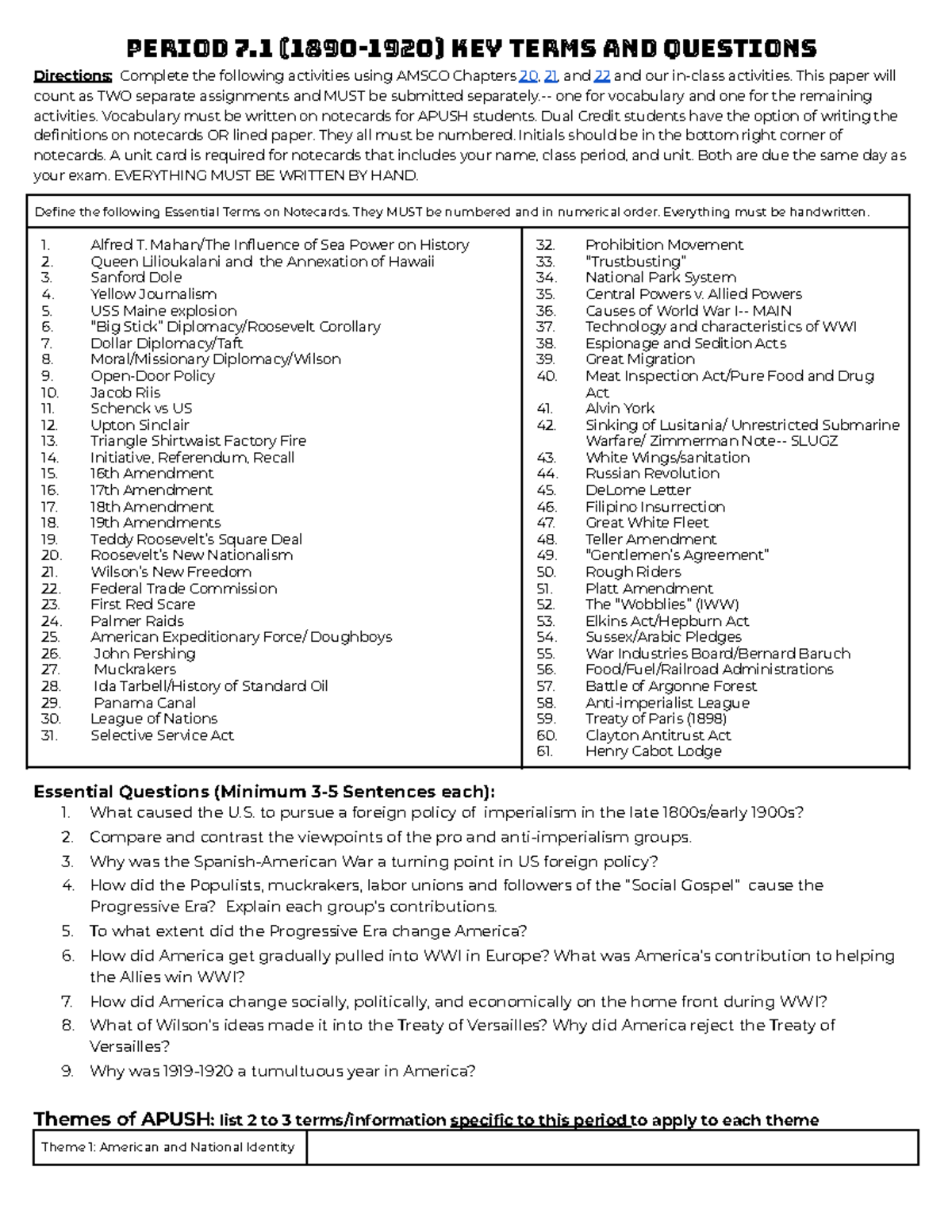 APUSH Period 7.1 Key Terms & Essential Questions (1890-1920) - Studocu