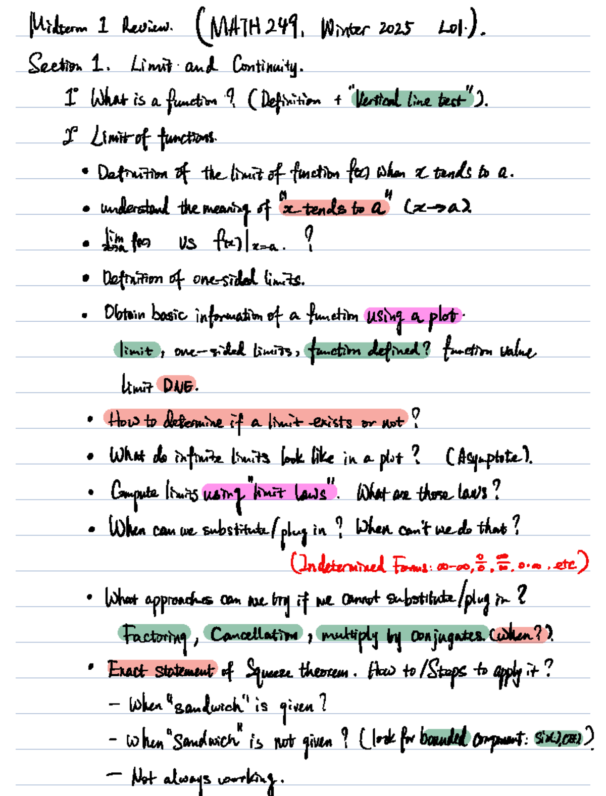 MATH 249 Midterm 1 Review: Limits, Continuity, and Derivatives W2025 - Studocu