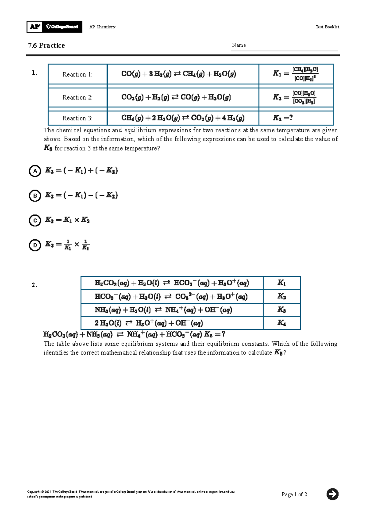 AP Chemistry 7.6 Practice 1: Equilibrium Expressions and Reactions ...