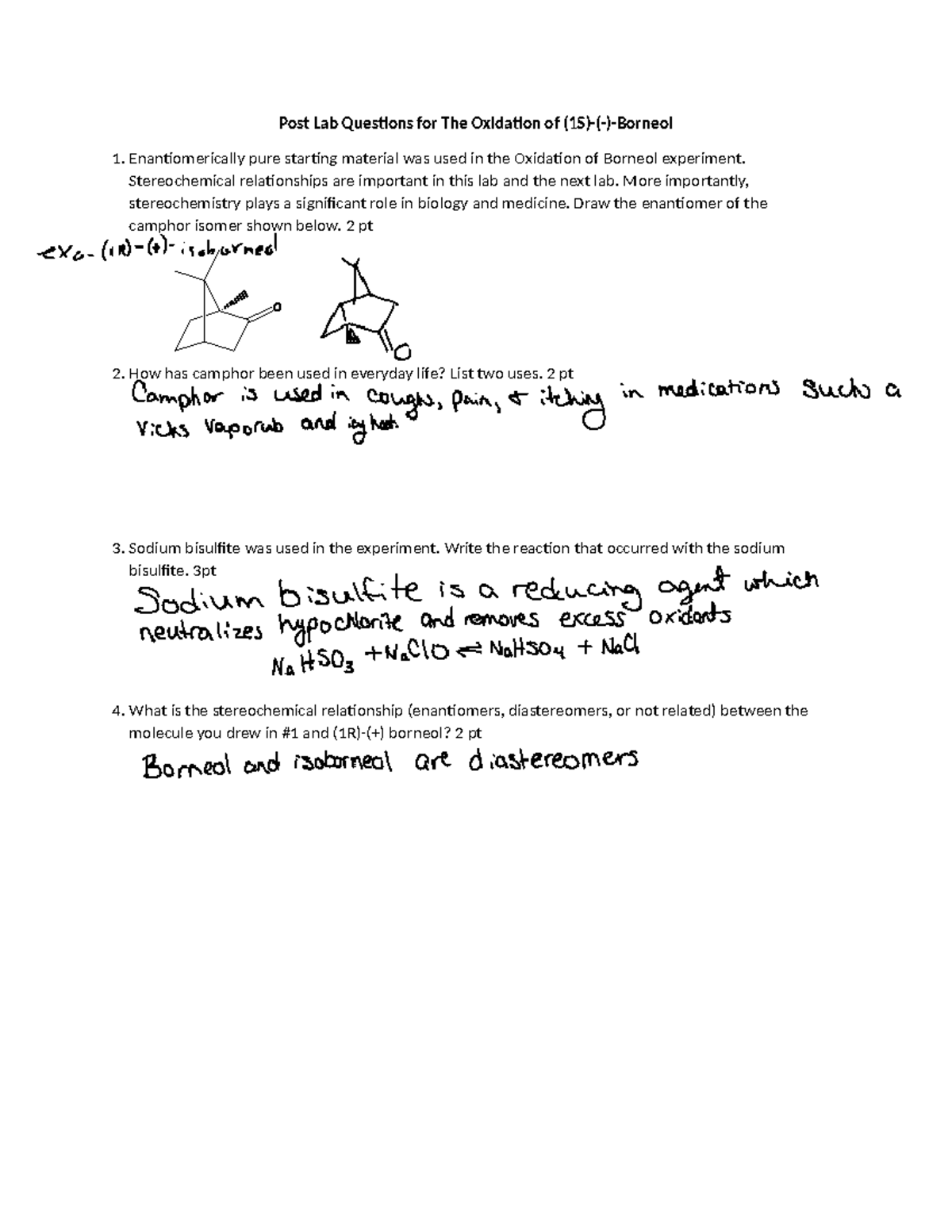 Post Lab Questions for Oxidation of Borneol to Camphor Experiment - Studocu