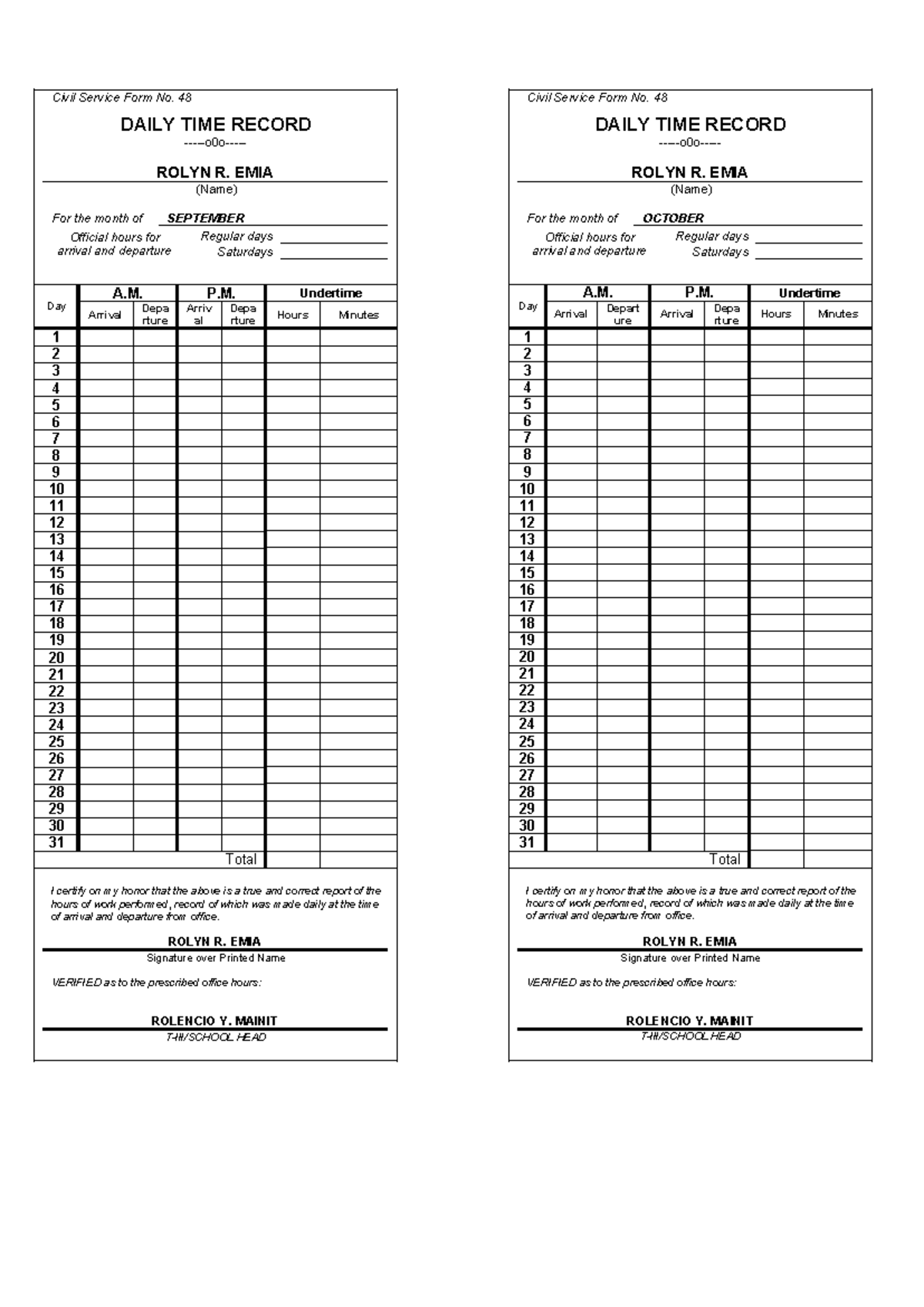 Civil Service Form No. 48: Daily Time Record for September & October - Studocu