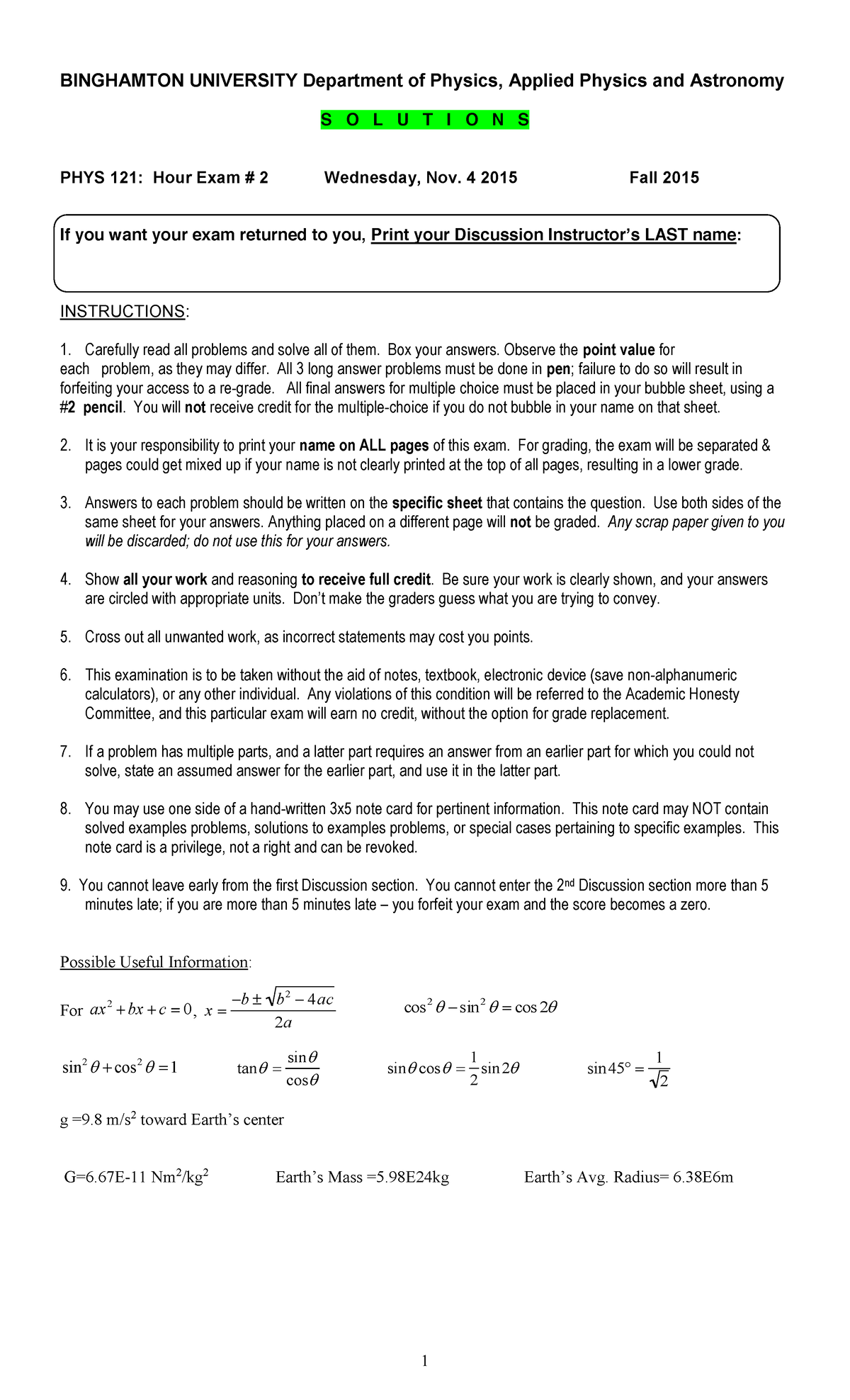 PHYS 121: Exam II Solutions from November 4, 2015 - Studocu
