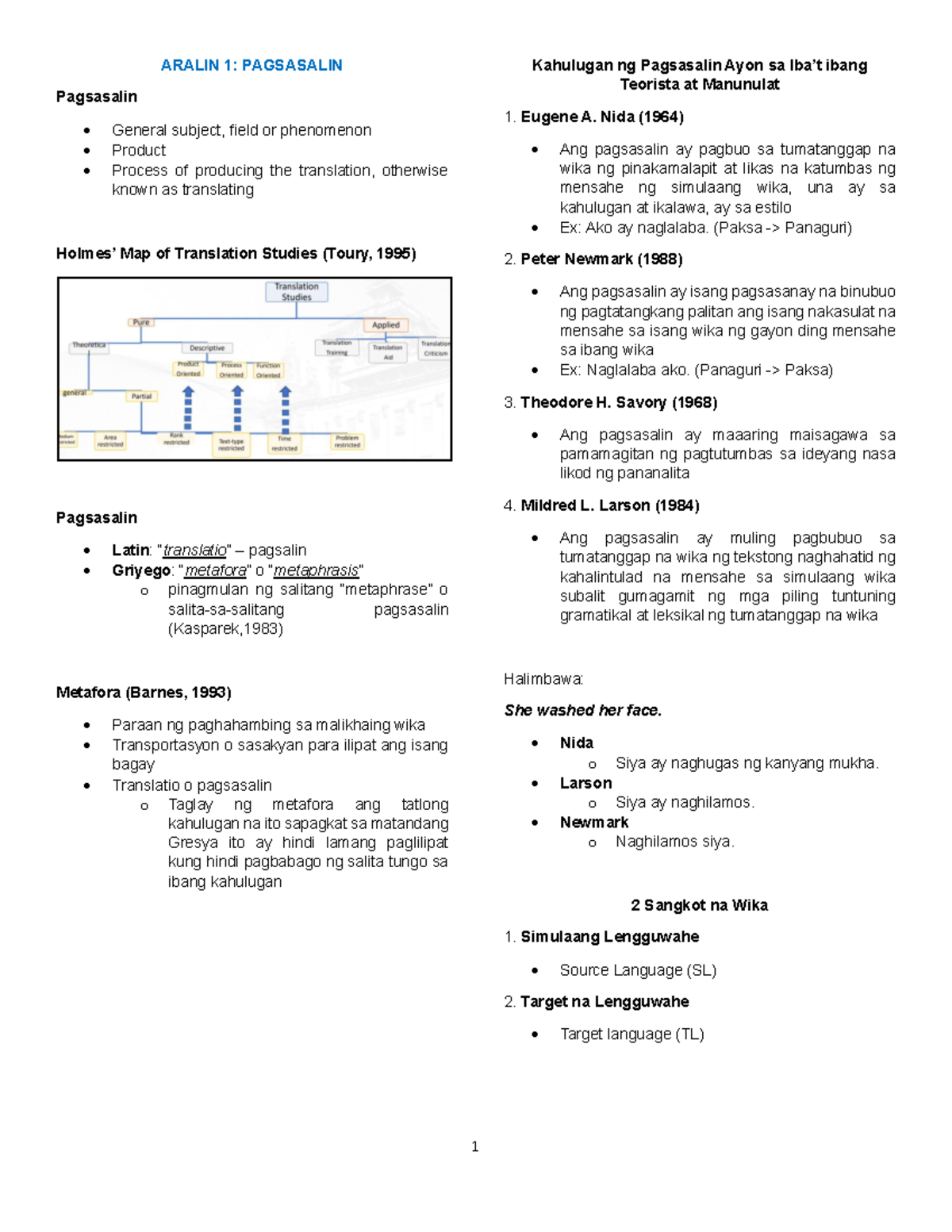 ARALIN 1: KAHULUGAN AT TEORYA NG PAGSASALIN (PAGSASALIN 1) - Studocu