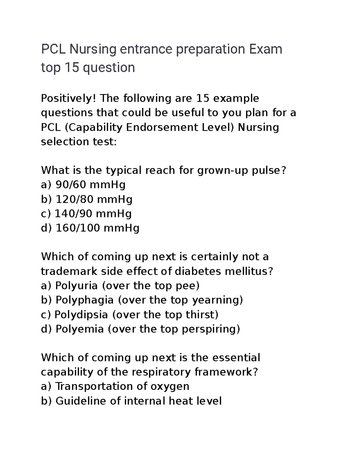 PCL Nursing Entrance Exam: Top 15 Essential Questions for Prep - Studocu