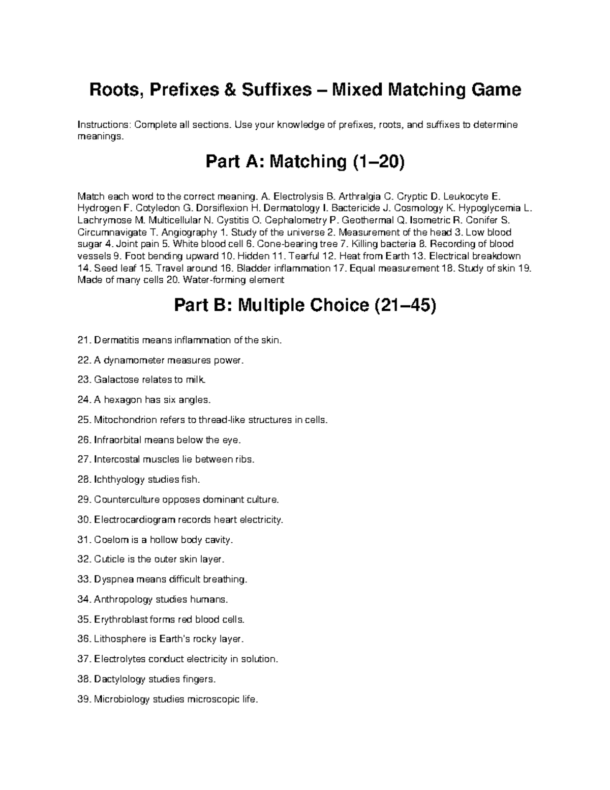 Roots, Prefixes & Suffixes Mixed Matching Game Instructions - Studocu
