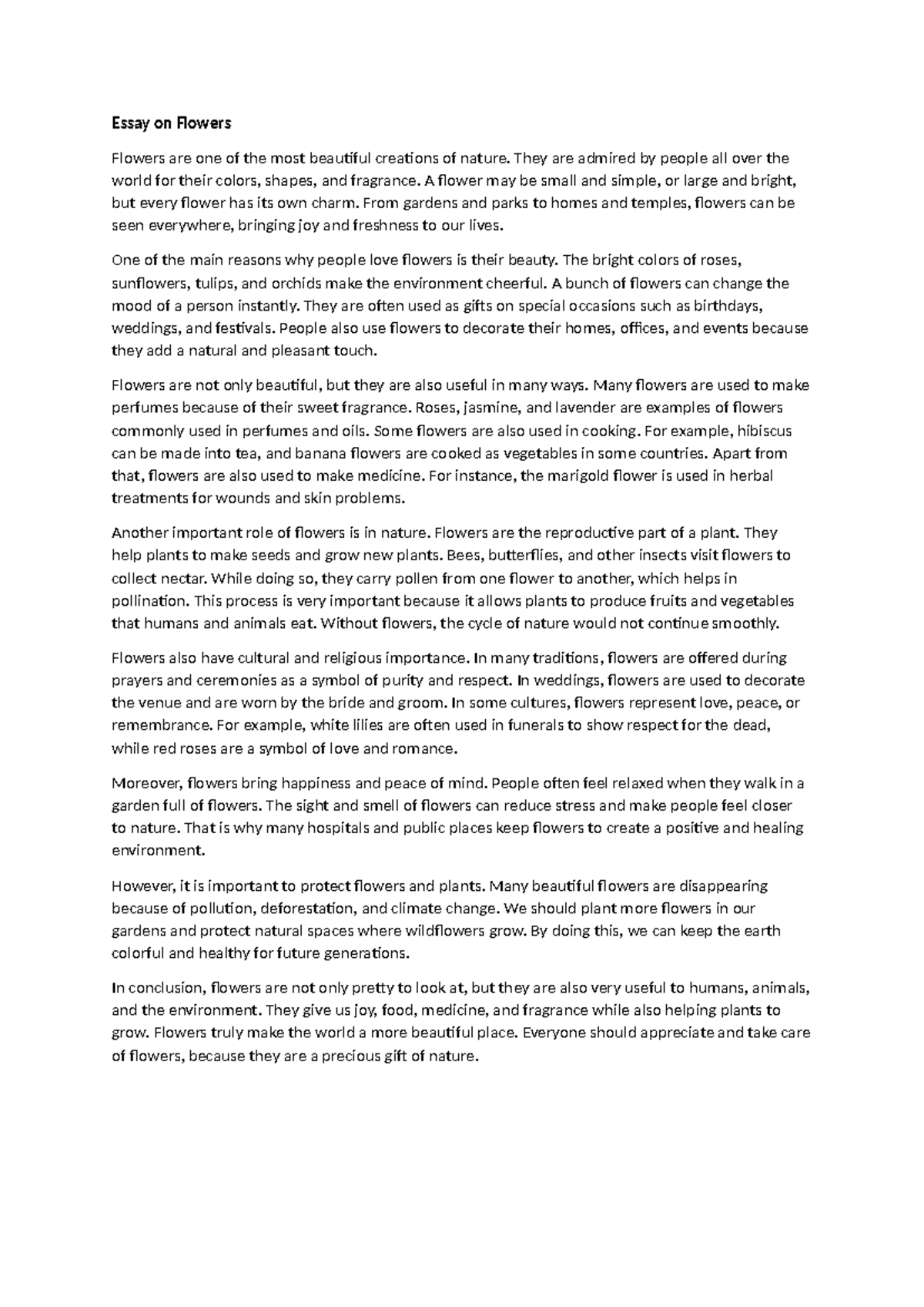 Essay on Flowers - Importance and Beauty of Nature's Gift - Studocu