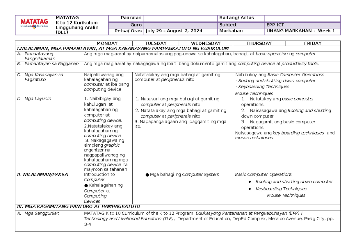 Matatag DLL Week 1: Introduction to Computer & Basic Operations EPP G4 ...