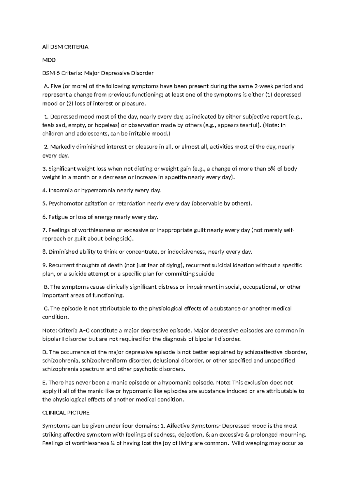 DSM-5 Criteria for MDD, PDD, GAD, and Related Disorders - Studocu