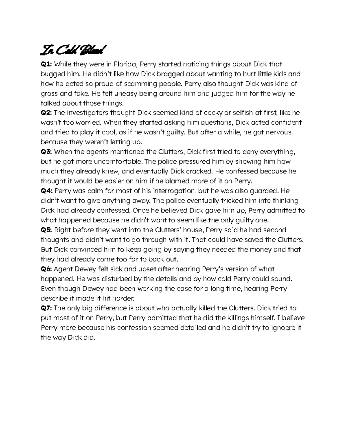 In Cold Blood (Part 3) Chapter Questions and Analysis - Studocu
