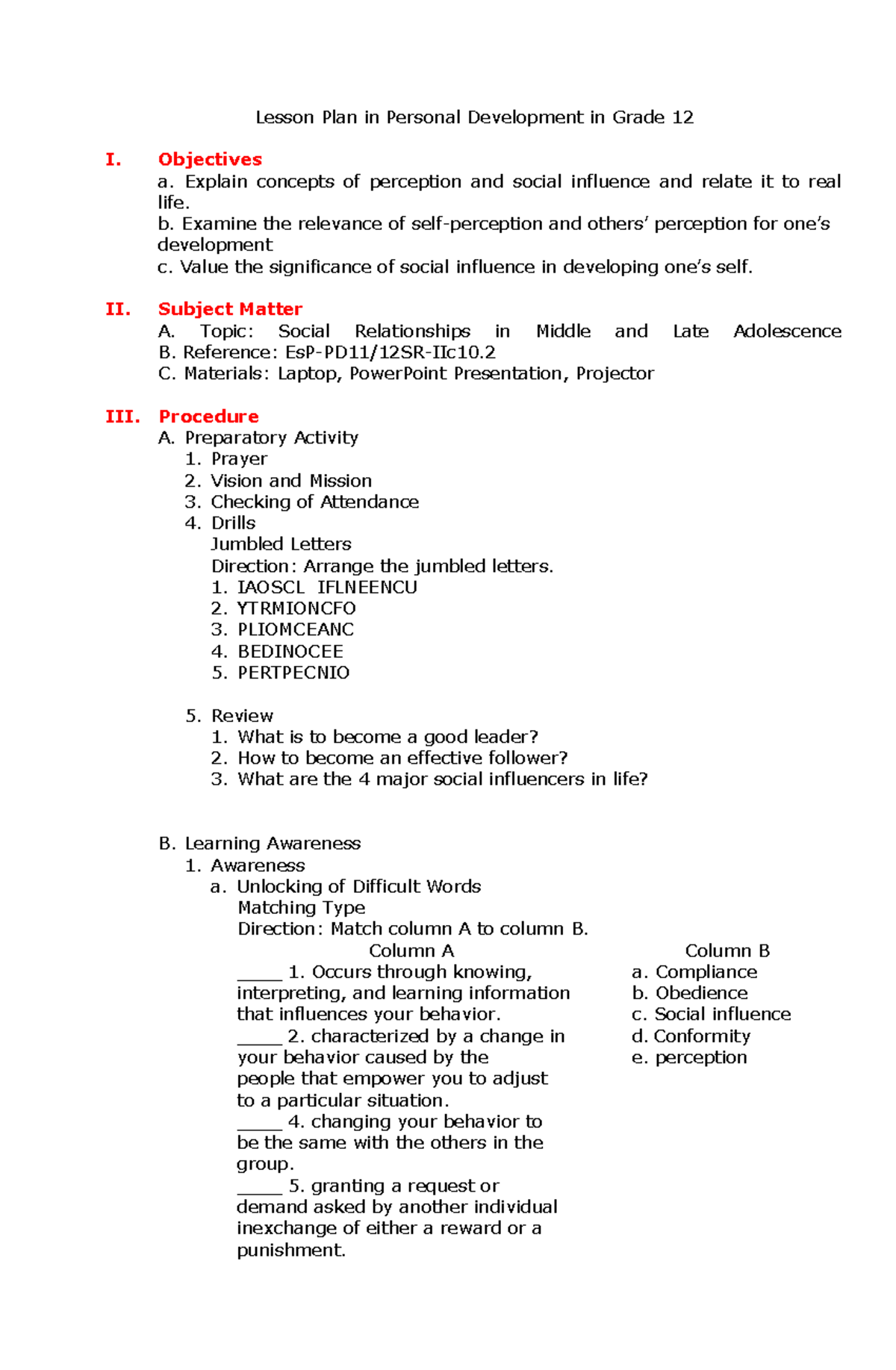 Grade 12 - Personal Development Lesson Plan 9: Social Influence - Studocu
