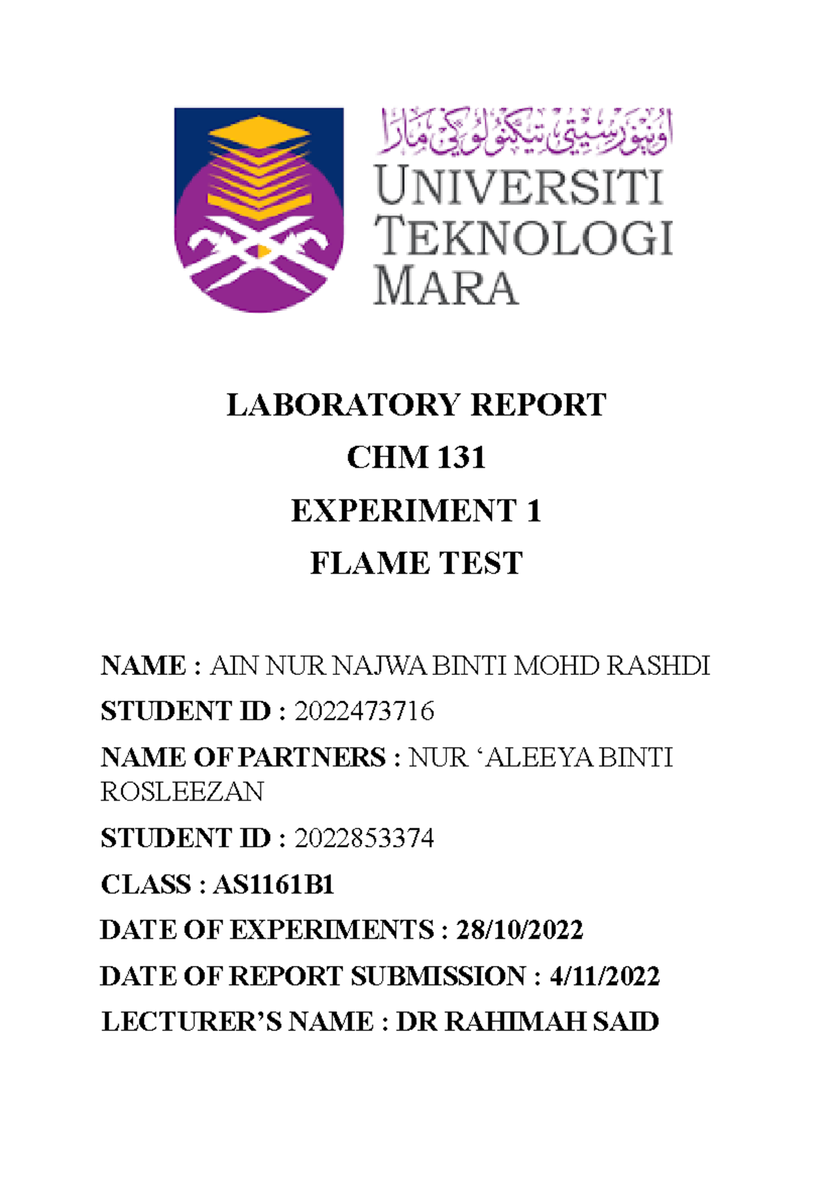 Lab report chm131 - EXP 1 FLAME TEST - LABORATORY REPORT CHM 131 ...