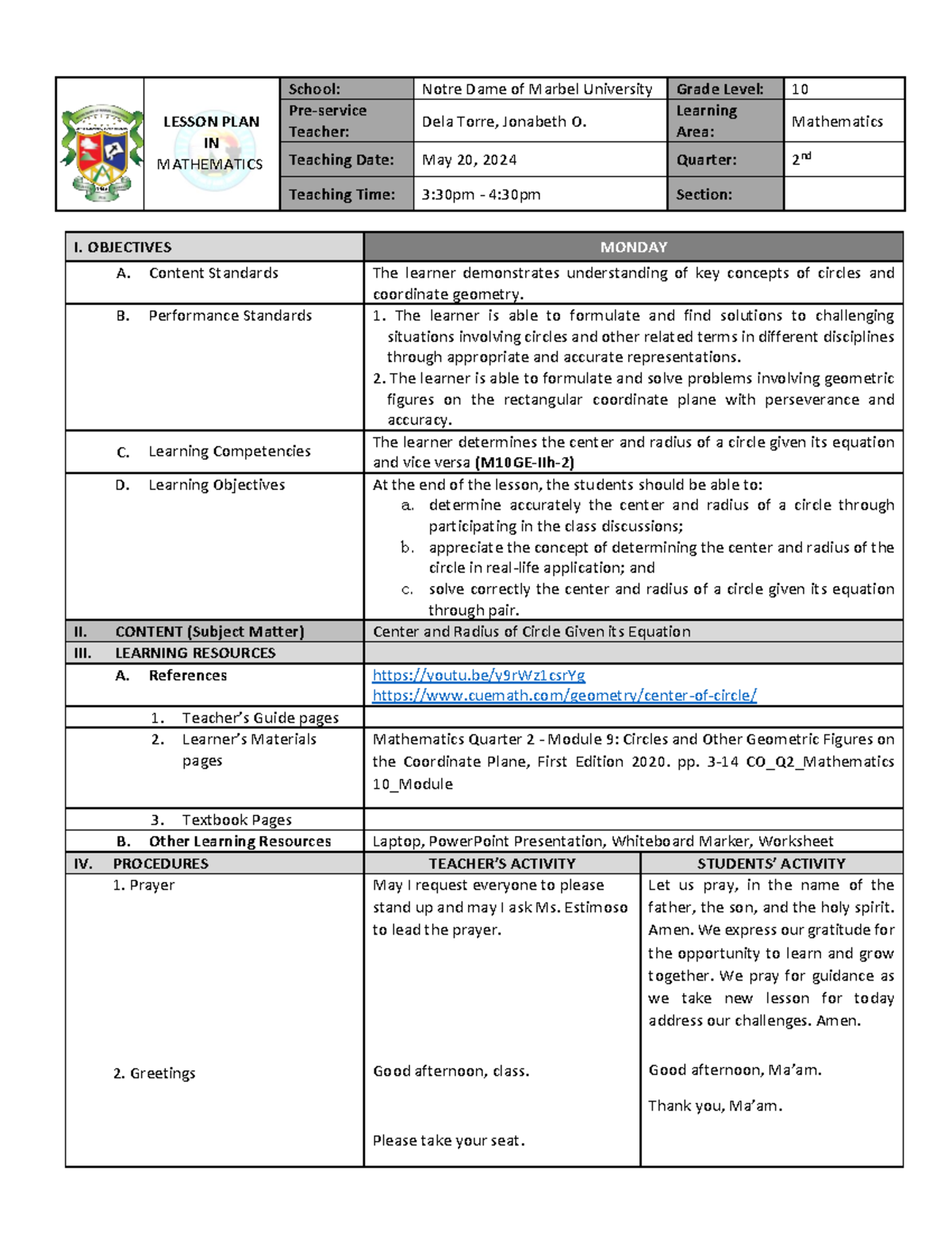 DLP G10 Q2 - Lesson Plan on Finding Center & Radius of Circle - Studocu