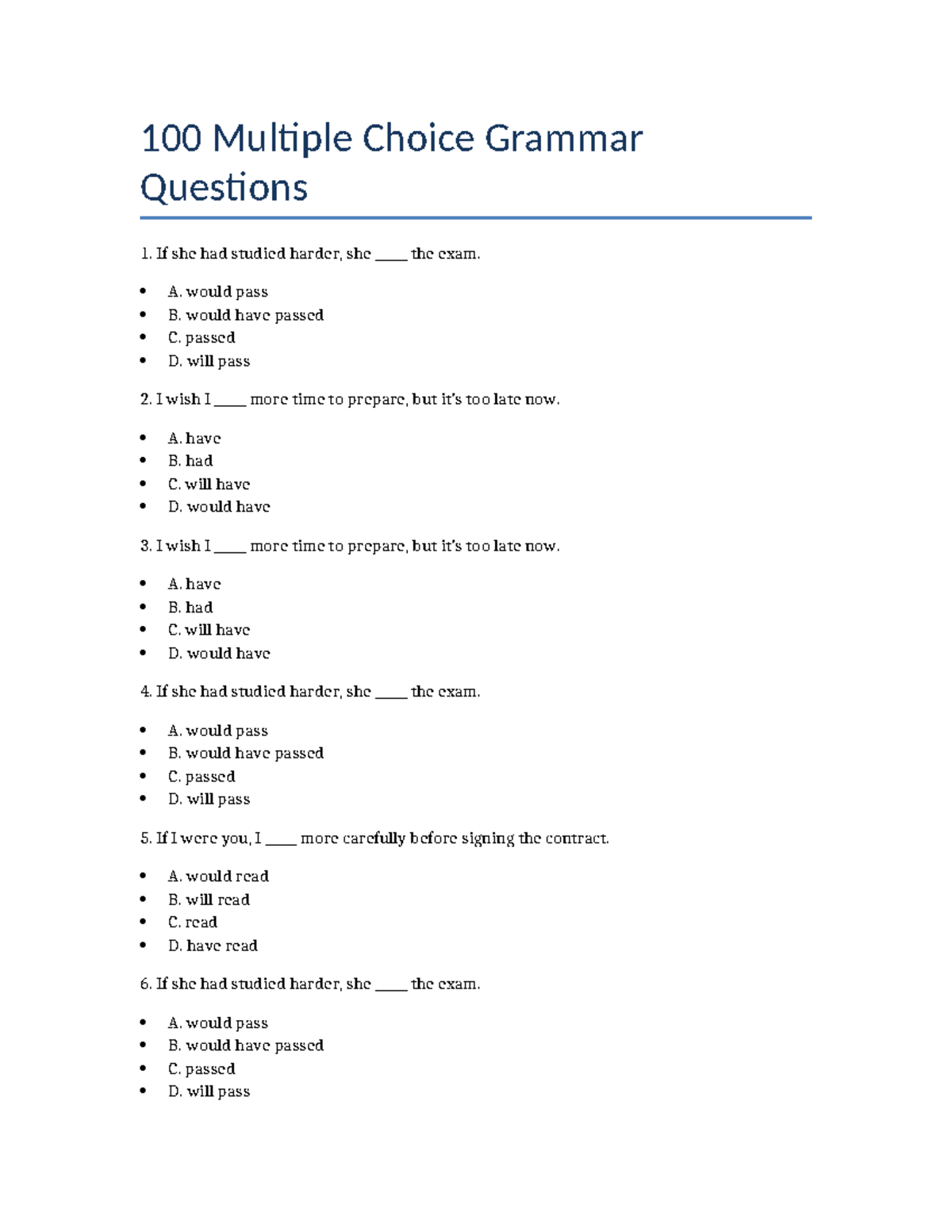 100 Multiple Choice Grammar Questions - Tiếng Anh - Studocu