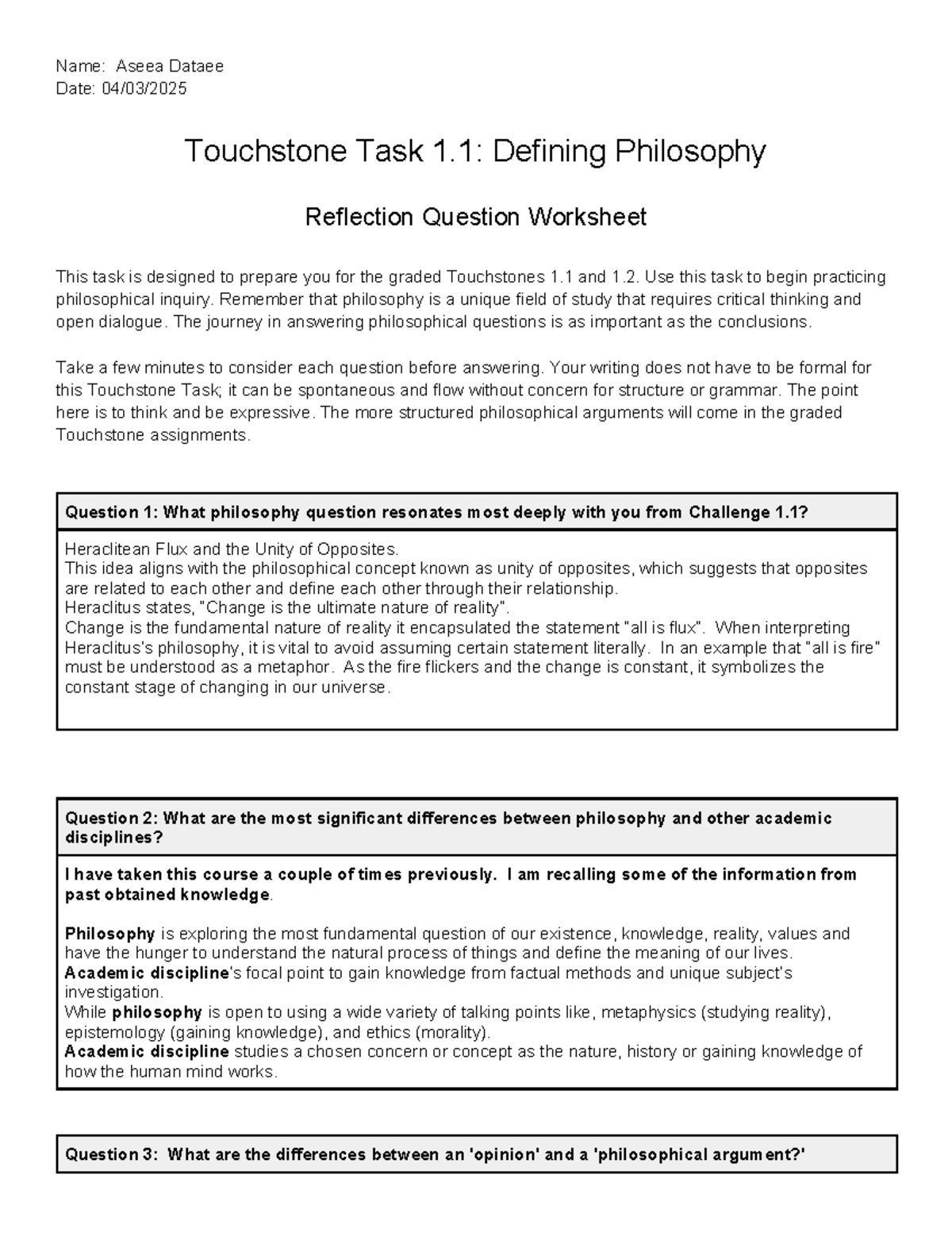 Ancient Greek Philosophers Touchstone Task 1 Worksheet - Name: Aseea Dataee Date: 04/03 ...
