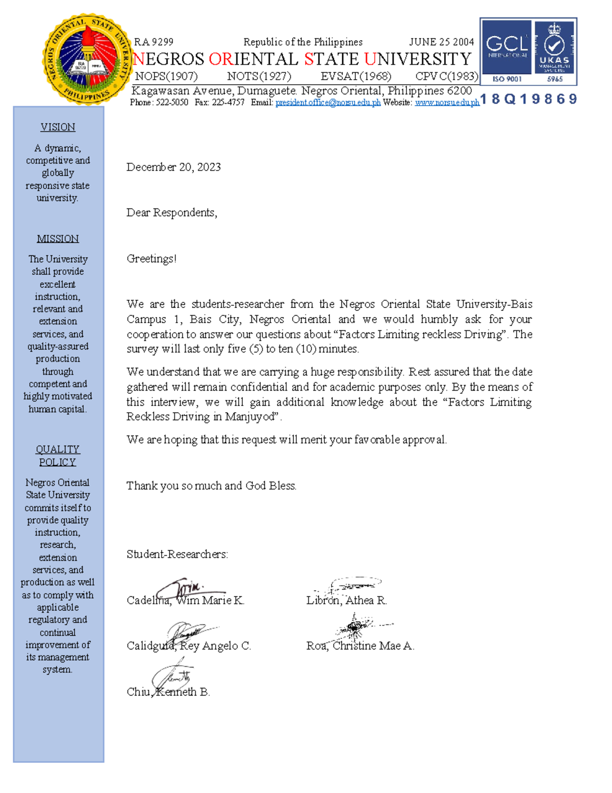 Survey- Letter - December 20, 2023 Dear Respondents, Greetings! We are ...