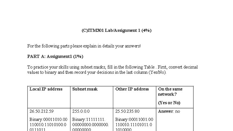 ITM301 Lab Assignment 1: Subnetting & OSI Model Overview 2024 - Studocu