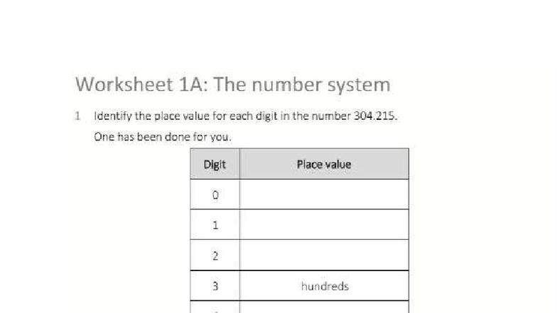 Worksheet 1A: Understanding the Number System and Place Value - Studocu