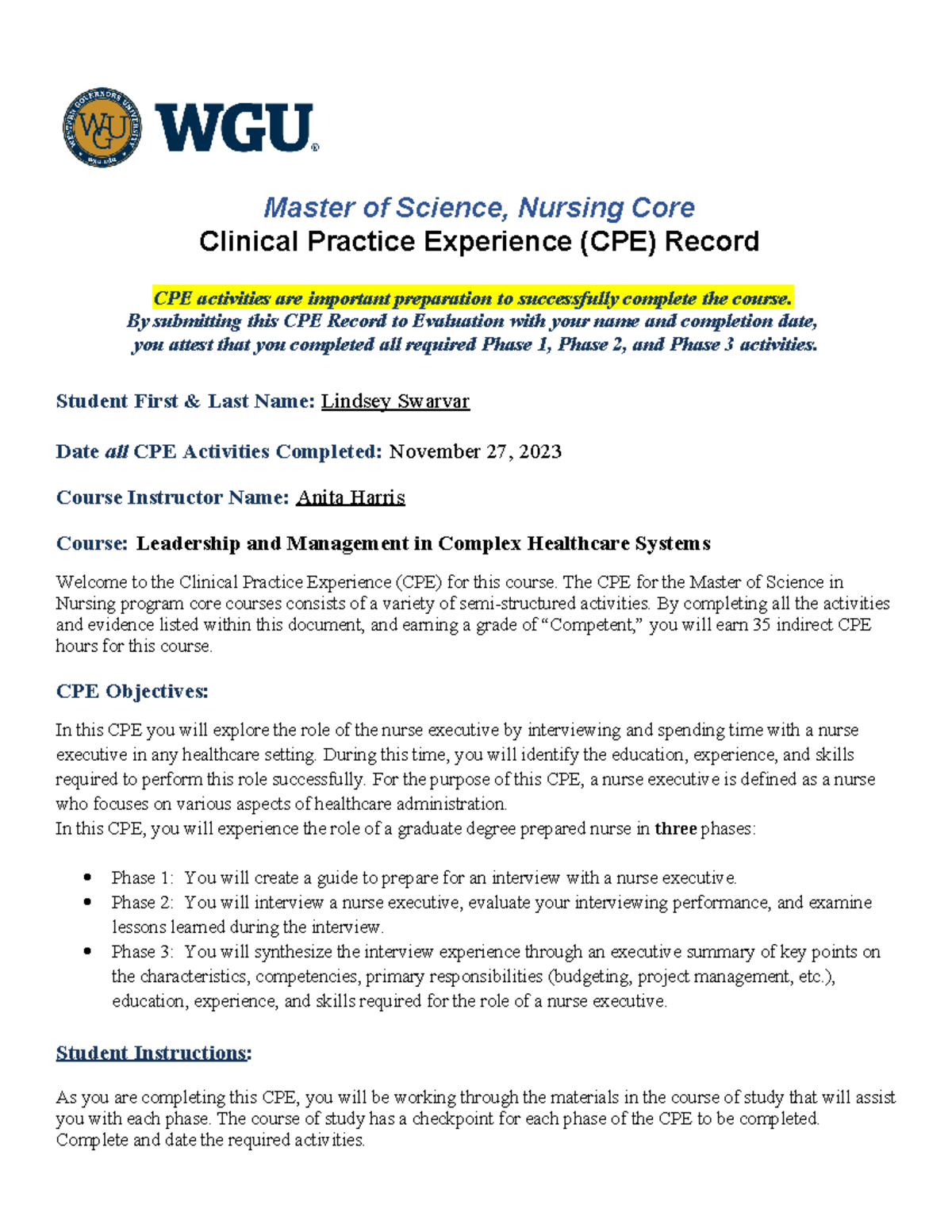 D030 Nurse Exec CPE Record: Phases & Activities Overview - Studocu