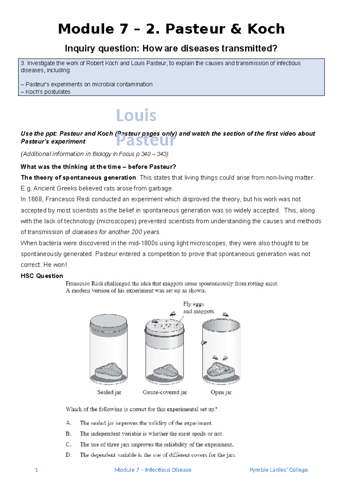 Module 7 Infectious Disease: Pasteur and Koch's Contributions to ...
