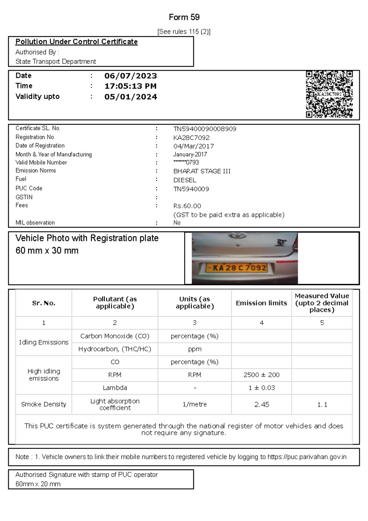 7092 - Pollution Under Control Certificate Sample for Vehicles - Studocu