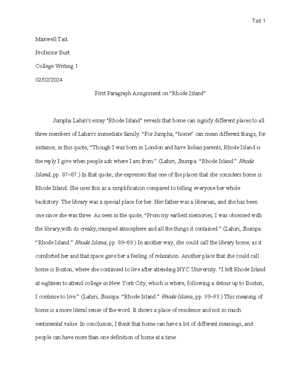 College Writing 1: First Paragraph Assignment on "Rhode Island" - Studocu