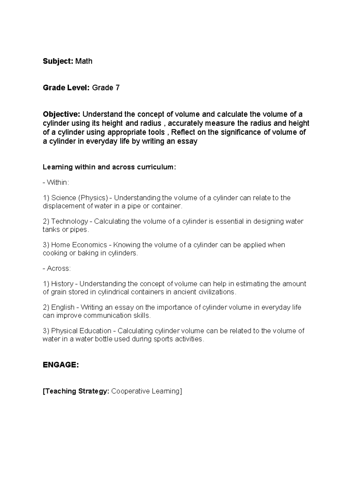 Lesson Plan - Understanding Volume of a Cylinder (Grade 7 Math) - Studocu