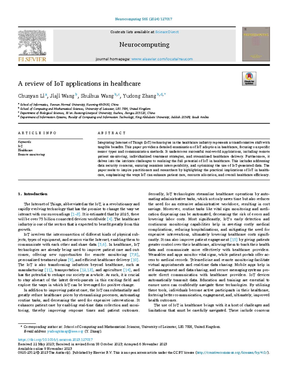 A Review of IoT Applications in Healthcare - Neurocomputing 565 (2024 ...