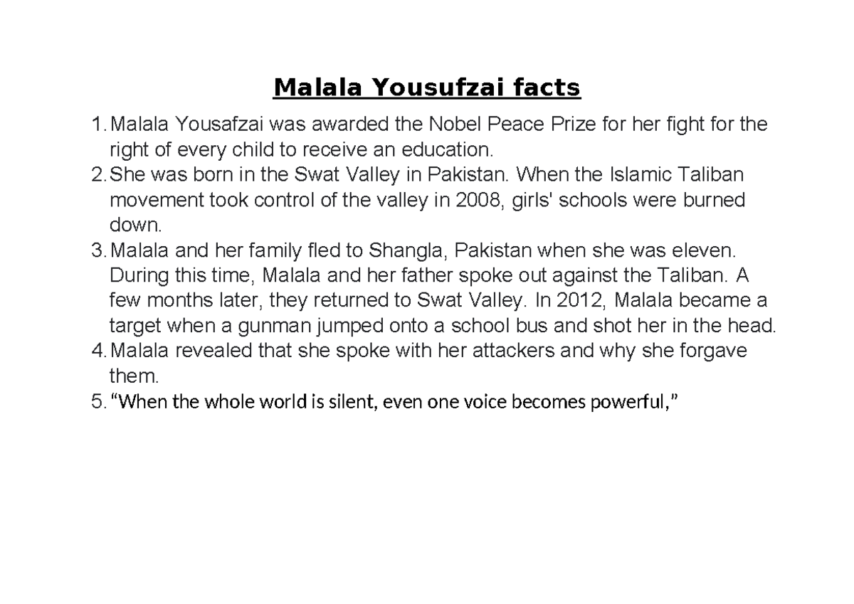 Malala Yousafzai: Key Facts on Her Fight for Education - Studocu
