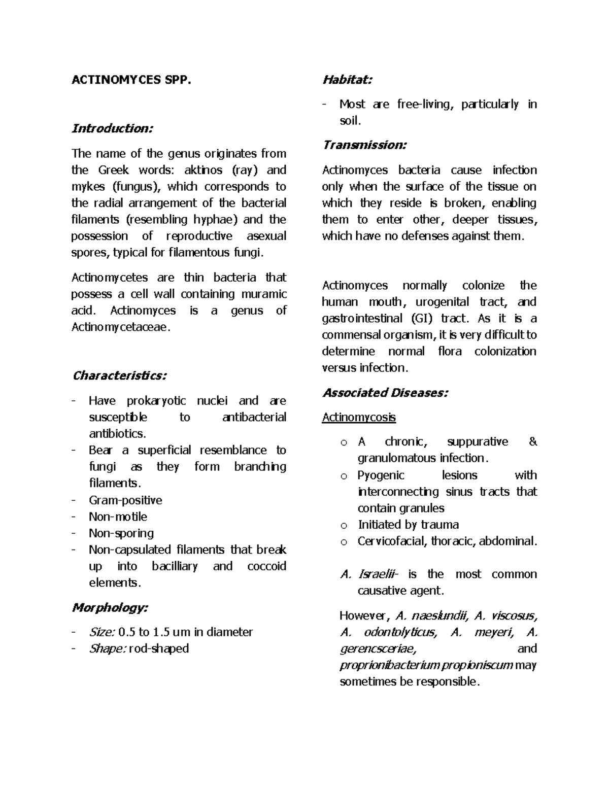 Actinomyces Spp. Overview - Genus Characteristics & Diseases (A2) - Studocu