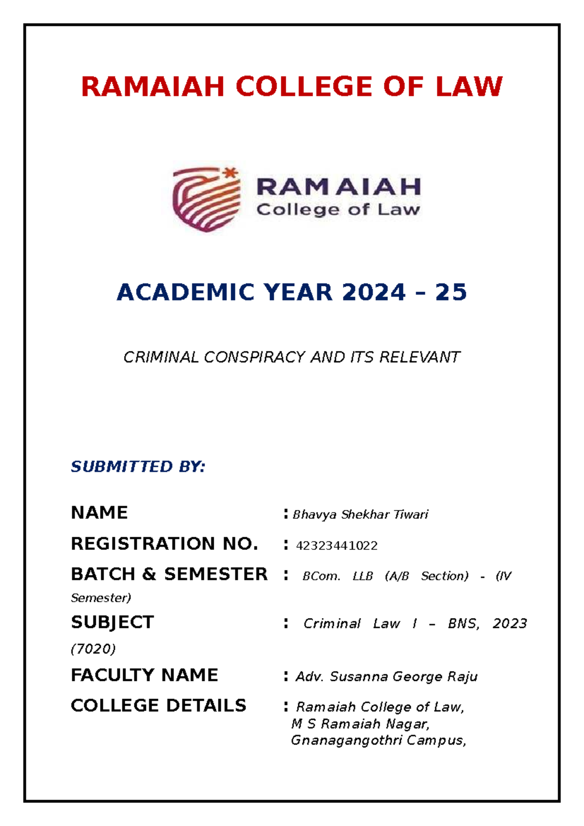 Assignment Title Page - Word Format - Bachelor of arts and law ...