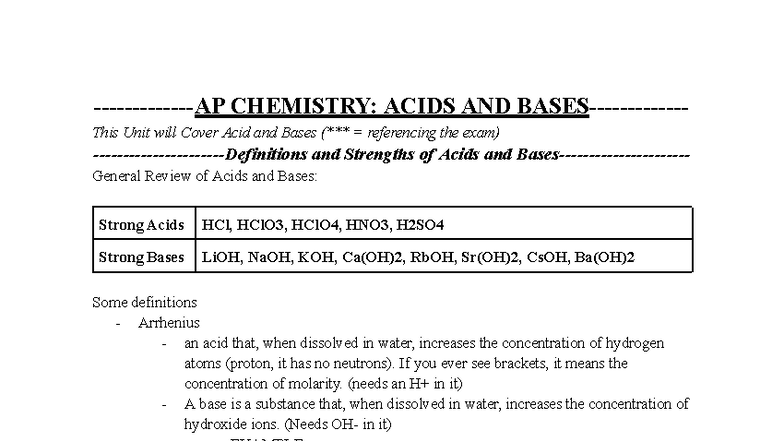 AP Chemistry: Acids and Bases Review for Final Exam - Studocu