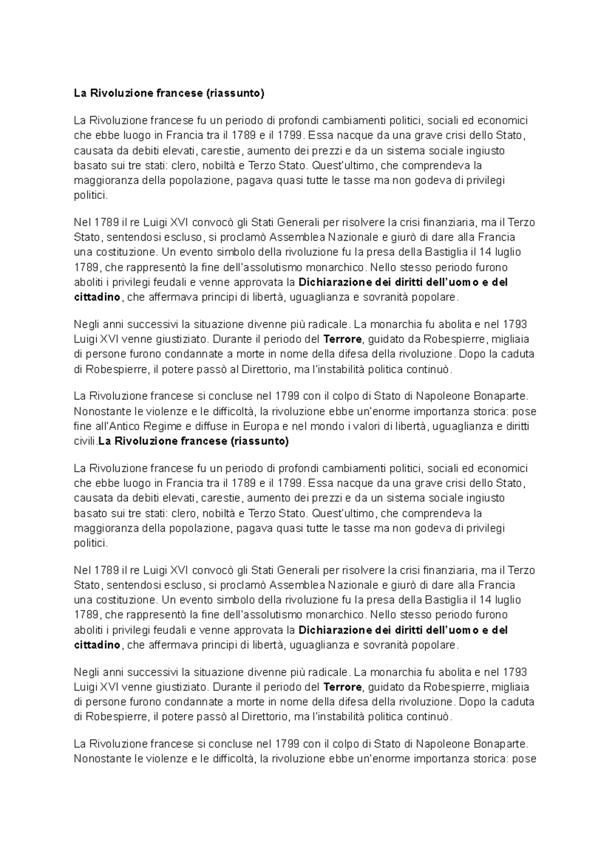 La Rivoluzione Francese (1789-1799): Riassunto e Analisi - Studocu