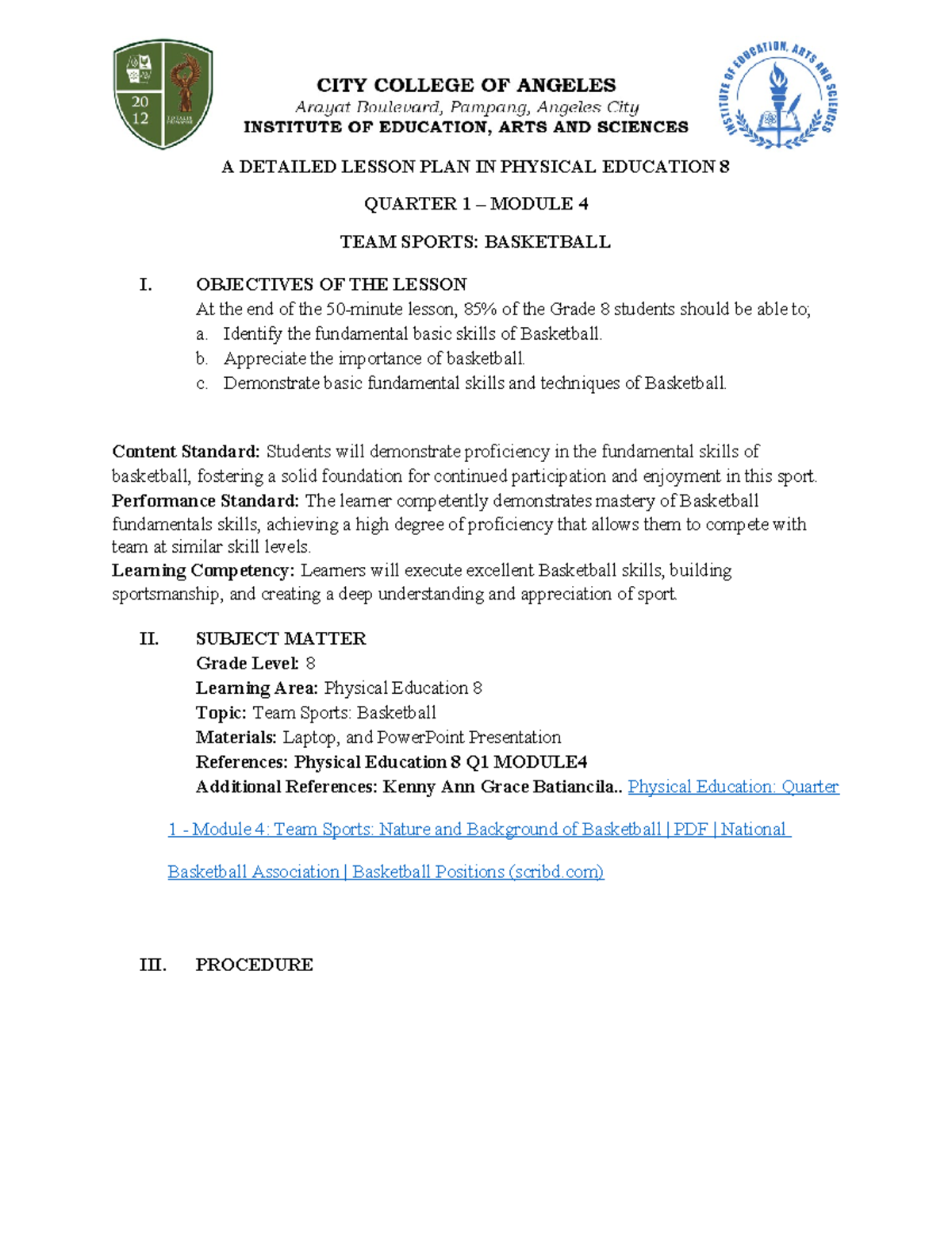 Detailed Lesson Plan: PE 8 - Team Sports: Basketball Module 4 - Studocu