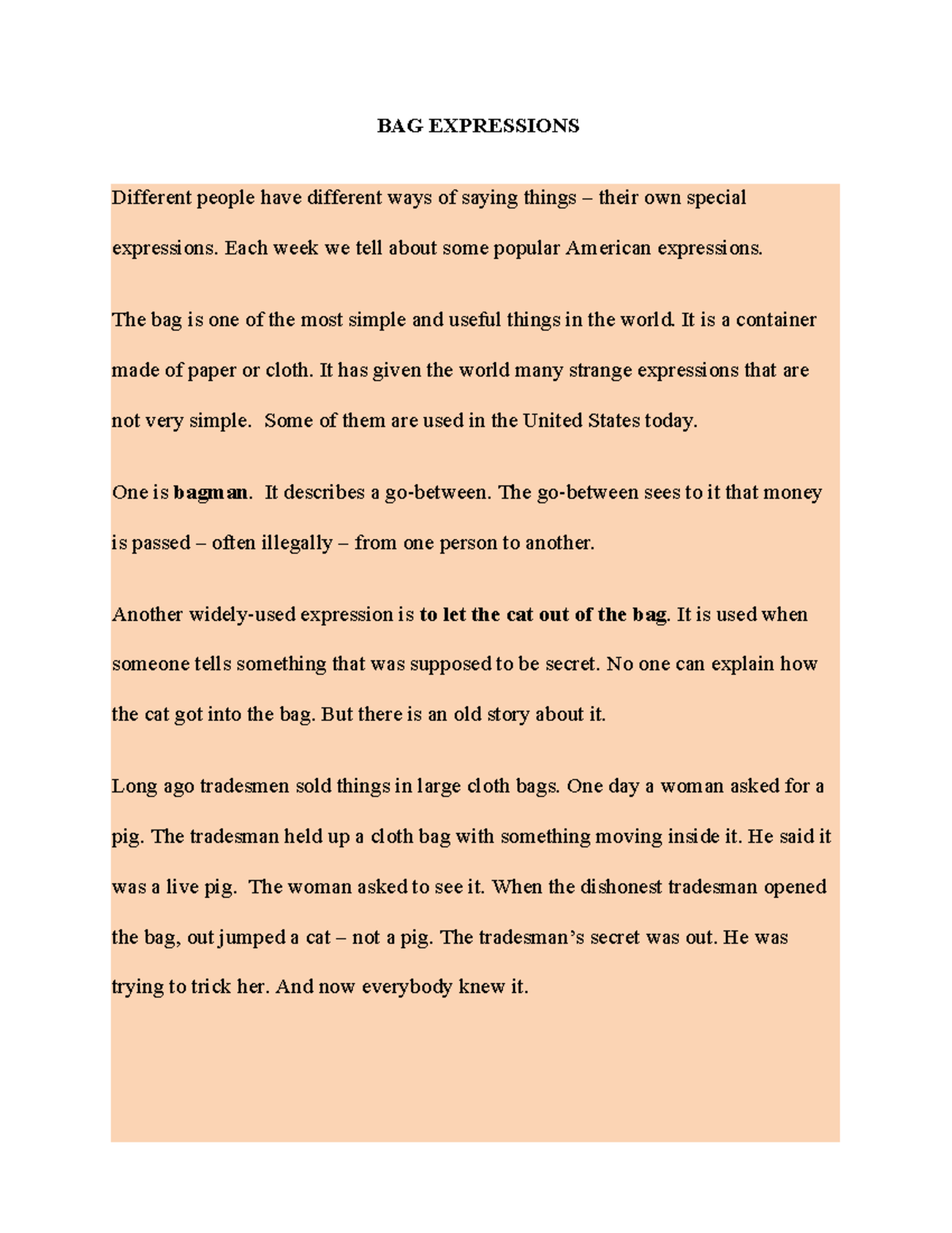 BAG EXPRESSIONS: Understanding American Sayings and Their Origins - Studocu