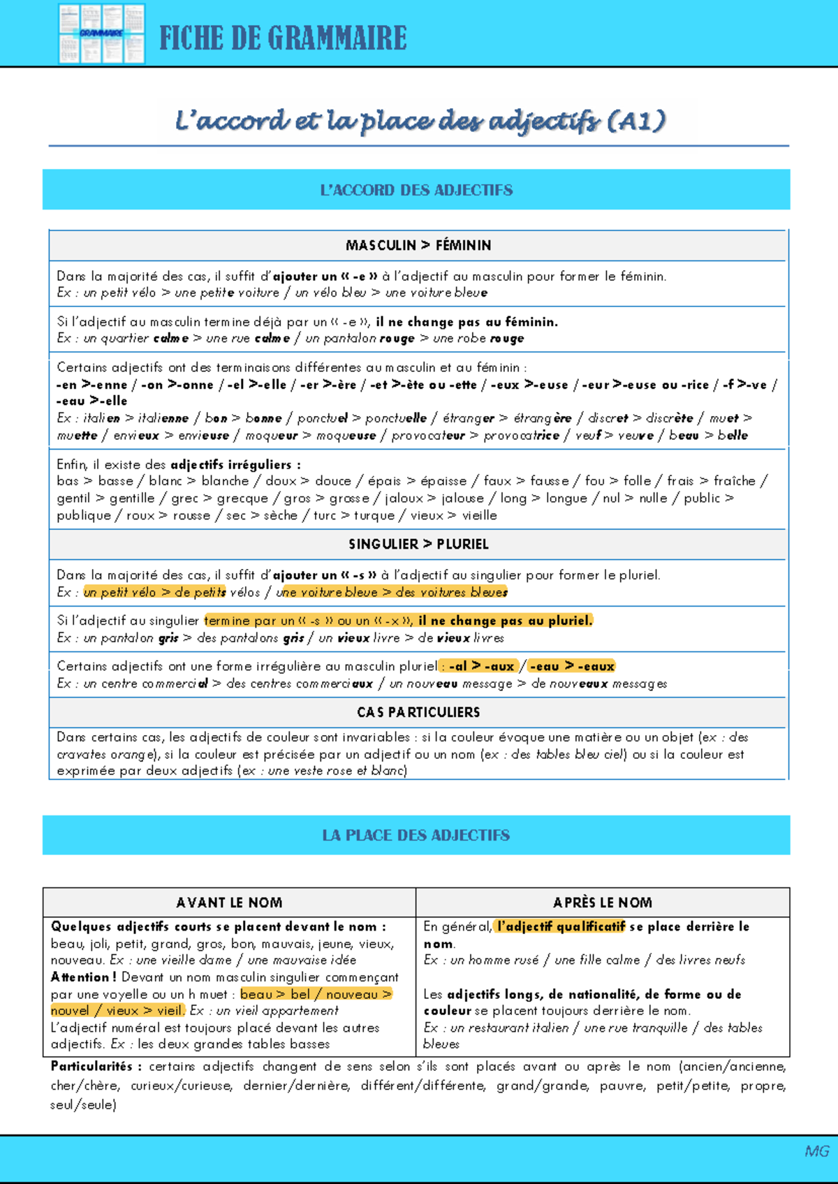 A1 Grammaire: Accord et Place des Adjectifs en Français - Studocu