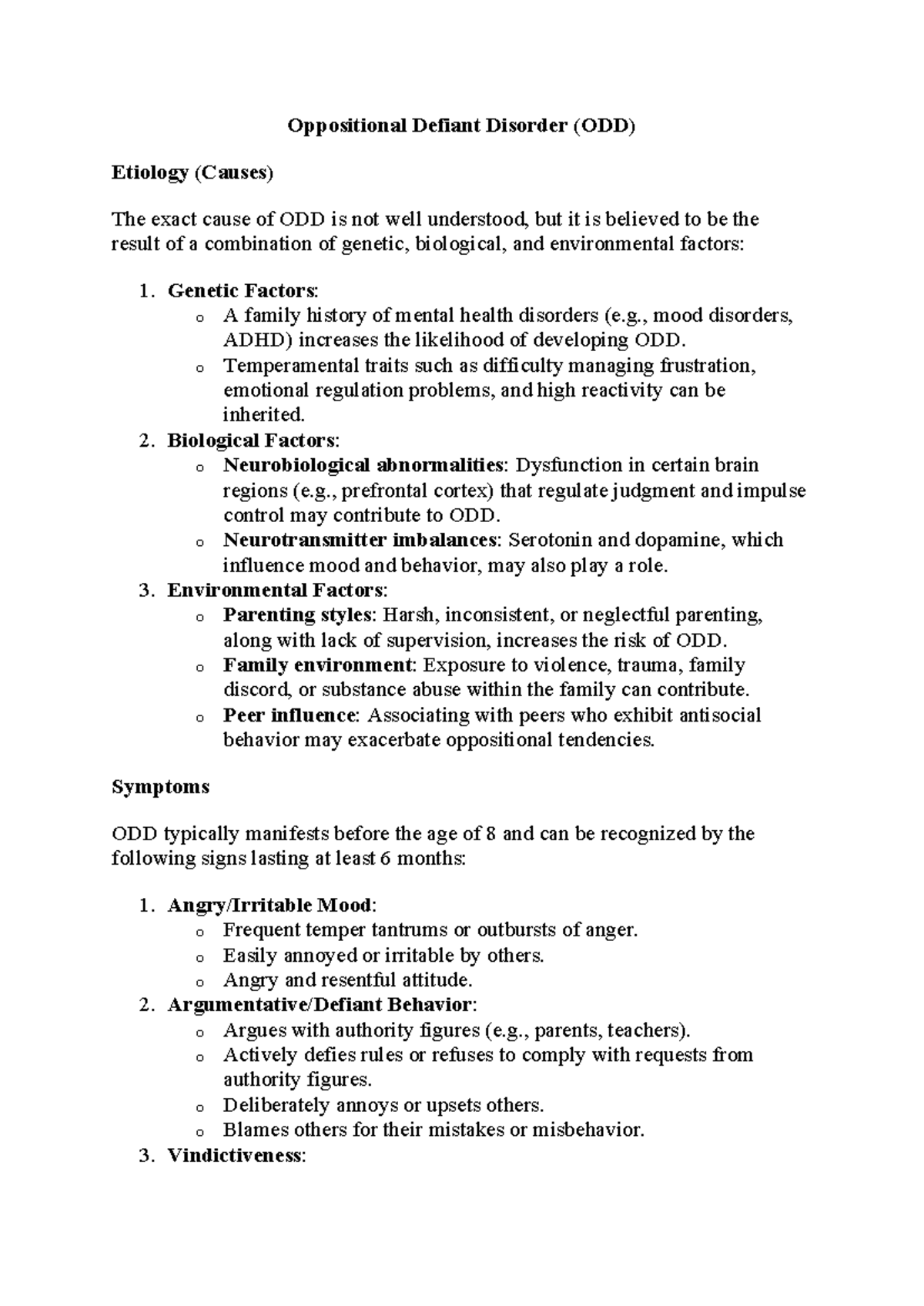 Odd - notes - Oppositional Defiant Disorder (ODD) Etiology (Causes) The ...