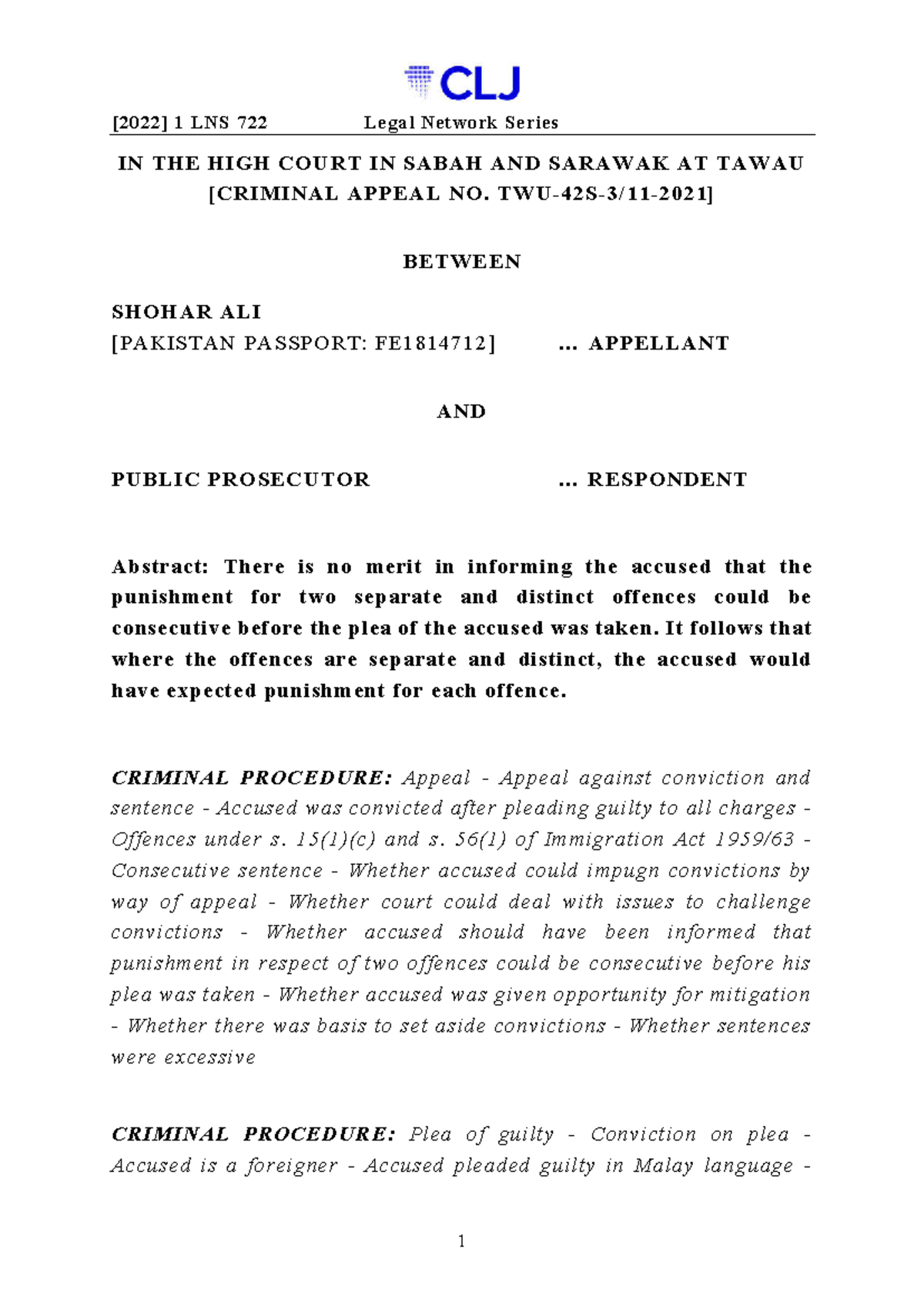 1 LNS 722 Legal Network Series: Shohar Ali v. Public Prosecutor Appeal ...