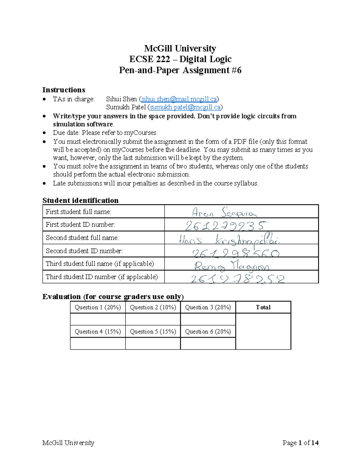 McGill University ECSE Digital Logic Pen and Paper Assignment ...