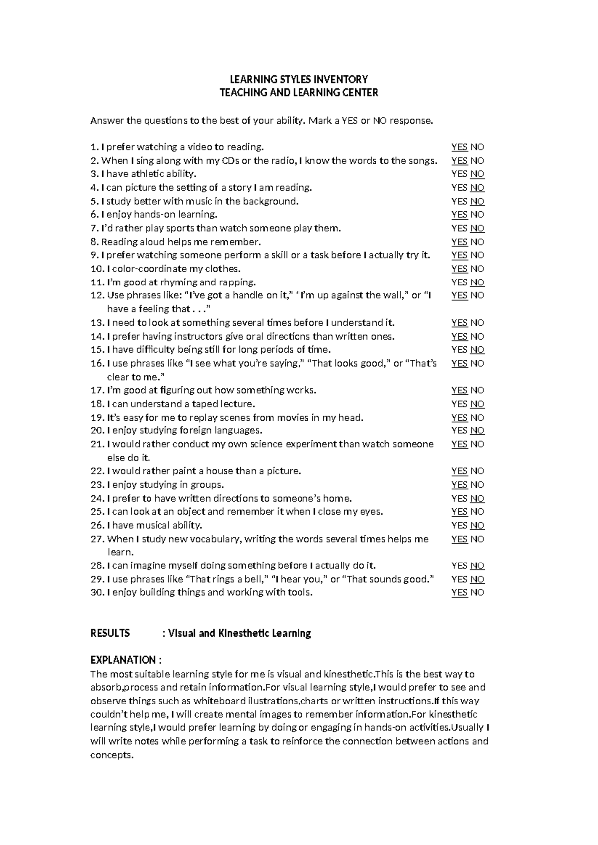 Learning Styles Inventory (3) - LEARNING STYLES INVENTORY TEACHING AND ...