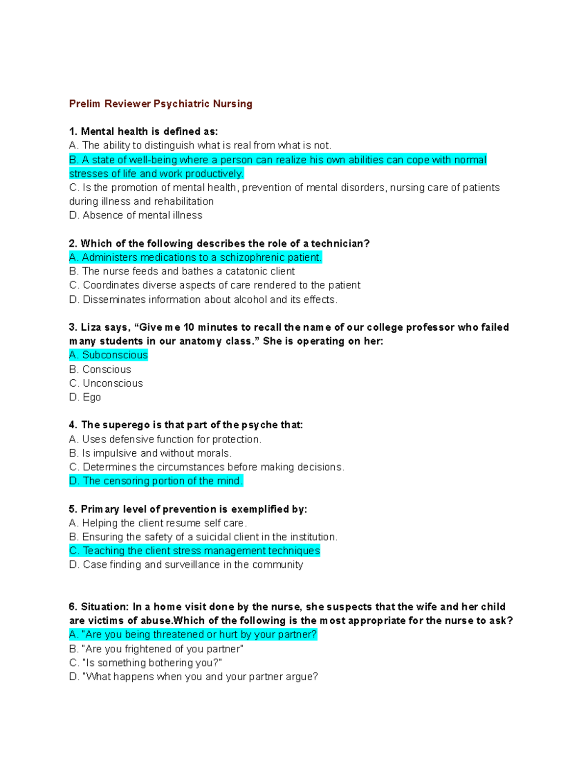 Prelim Reviewer: Psychiatric Nursing 1 Concepts and Key Topics - Studocu