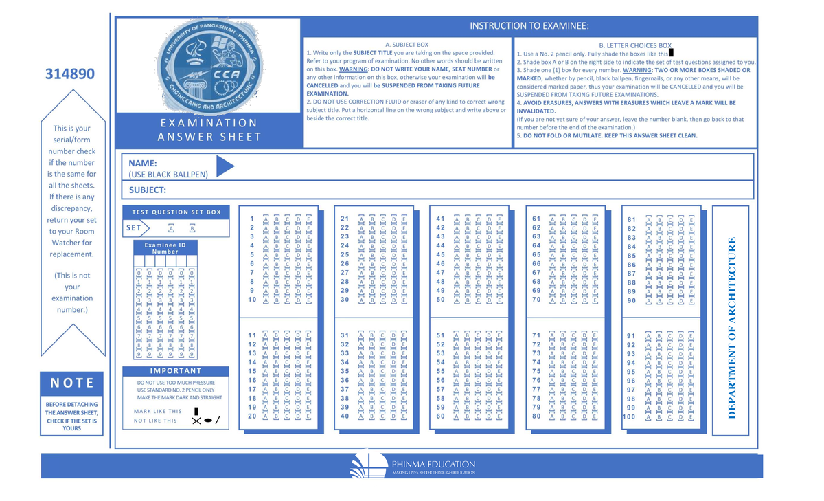 Answer- Sheet - OF PANGASINAN INSTRUCTION TO EXAMINEE: A. SUBJECT BOX B ...