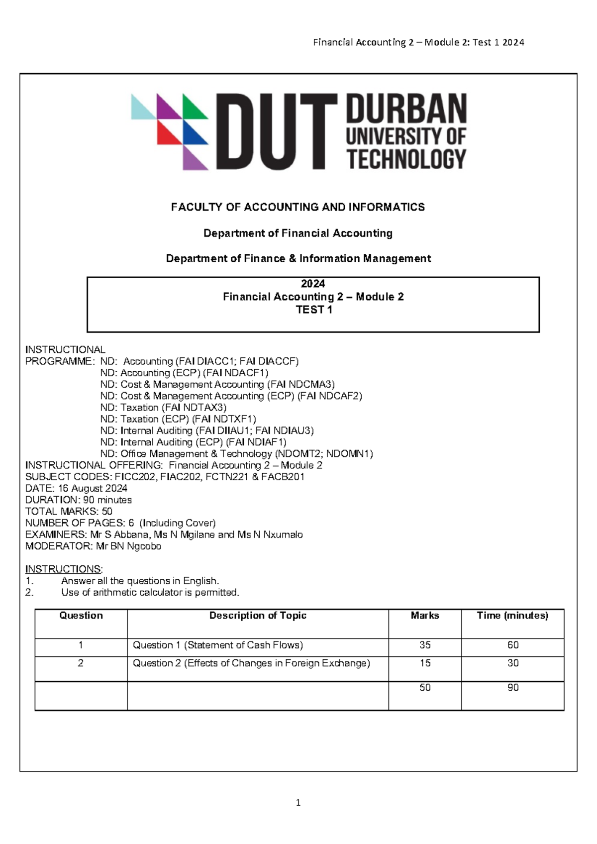 Financial Accounting 2 Module 2: Test 1 2024 - Detailed Questions and ...