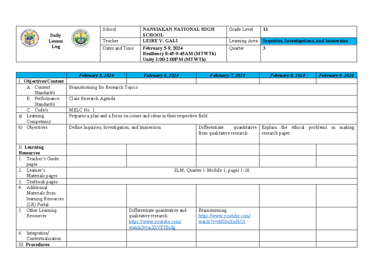 DLL-3i Lesson Log: Inquiries & Investigations (Feb 5-9, 2024) - Studocu