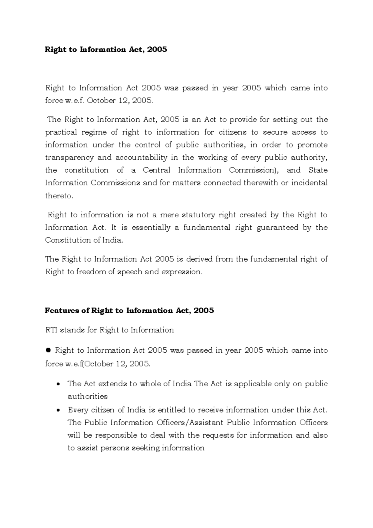 RTI Act 2005: Comprehensive Study Notes and Key Provisions - Studocu