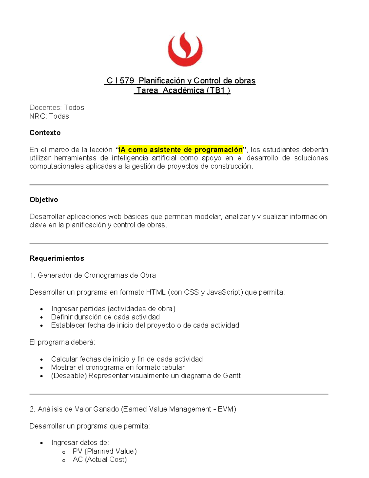 TB1 C I 579 Tarea Académica: Planificación y Control de Obras 2026 ...