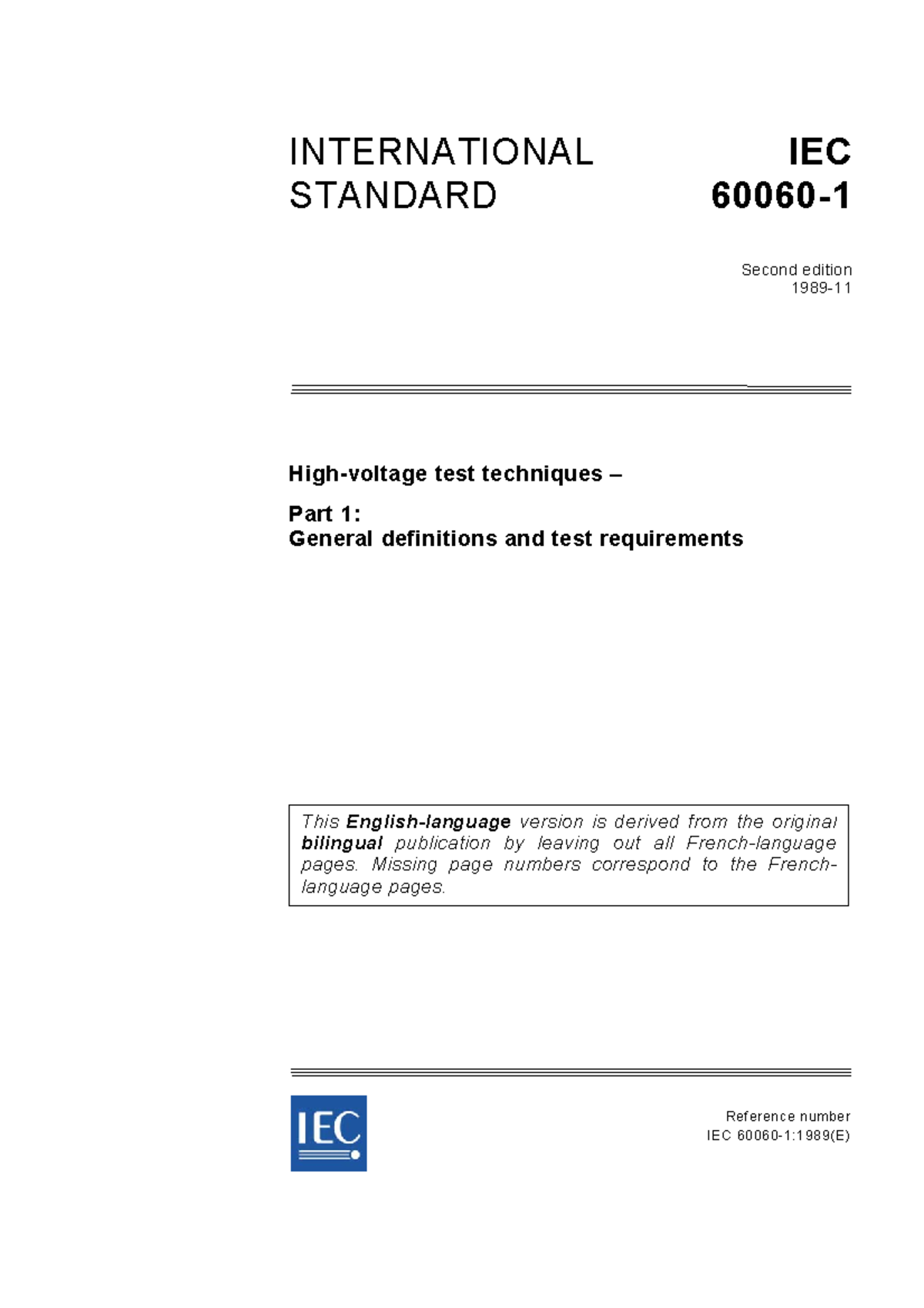 IEC 1989: High Voltage Test Techniques - General Definitions ...