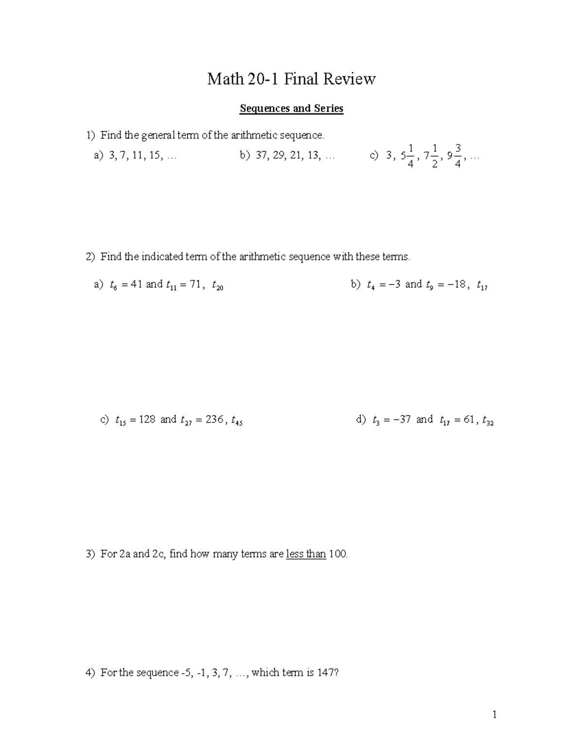 Math 20-1 Final Exam Review: Sequences, Series, and More - Studocu