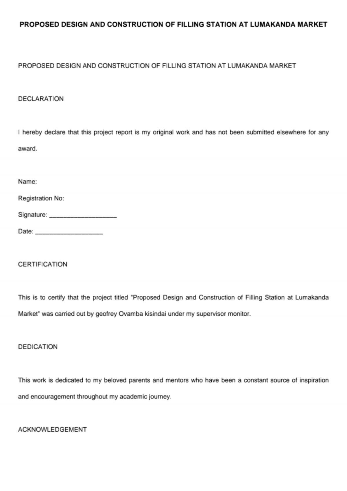 Proposed Design & Construction of Filling Station at Lumakanda Market ...